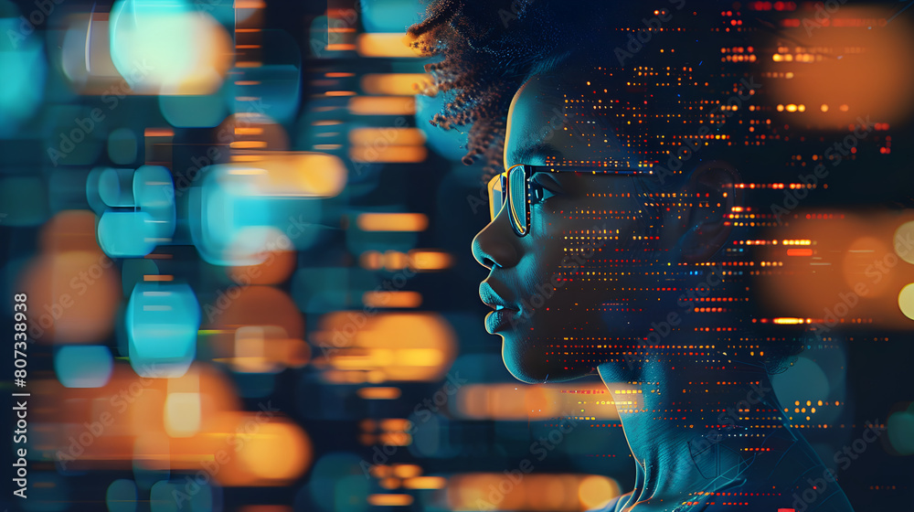AI cyber security threat illustration, black african american female IT ...
