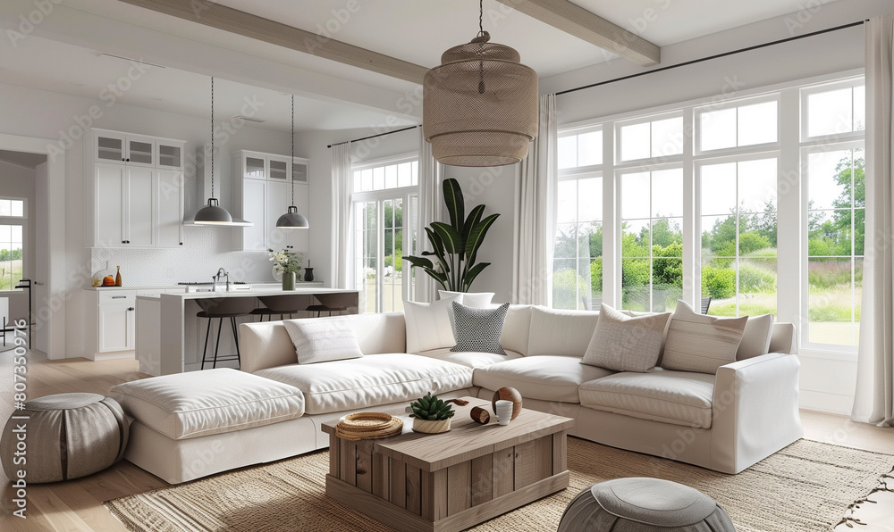 Living room interior design with simple lines and a monochromatic color ...