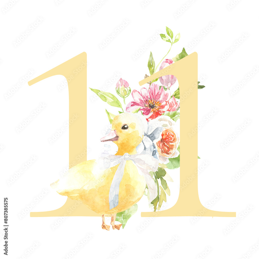 Watercolor spring ester bunny duck botanical numbers,table number ...