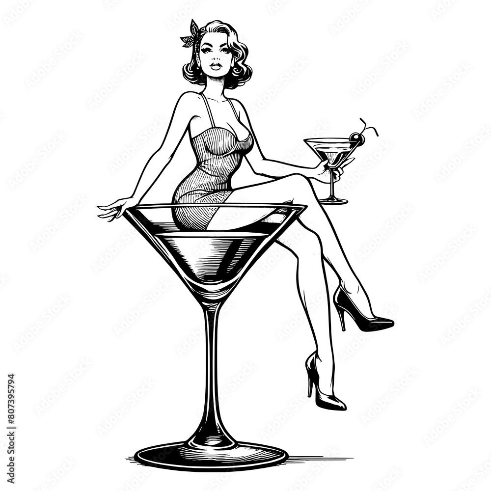 Ilustración De Stock Retro Pin Up Girl Enjoying A Martini Alcohol Glass Epitomizing Vintage