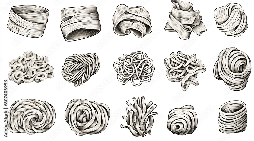 drawing in sketch style. vintage set of types of pasta. italian food ...