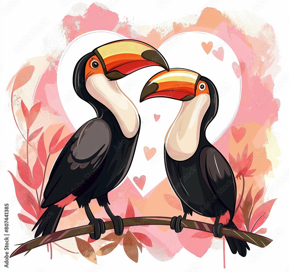 Two cute birds toucans in love, pink and white heart background, kids ...