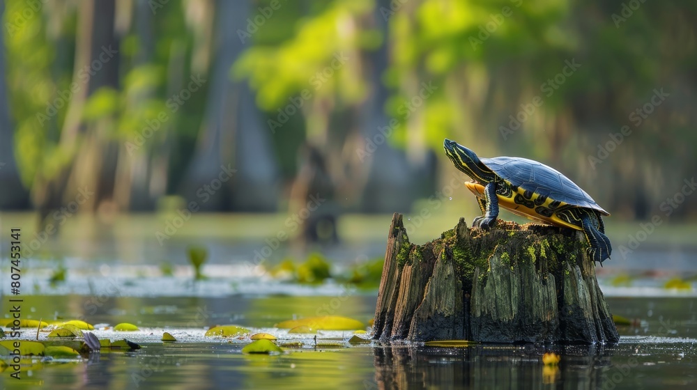 Yellow-bellied slider turtle enjoying the sun on a cypress tree stump ...