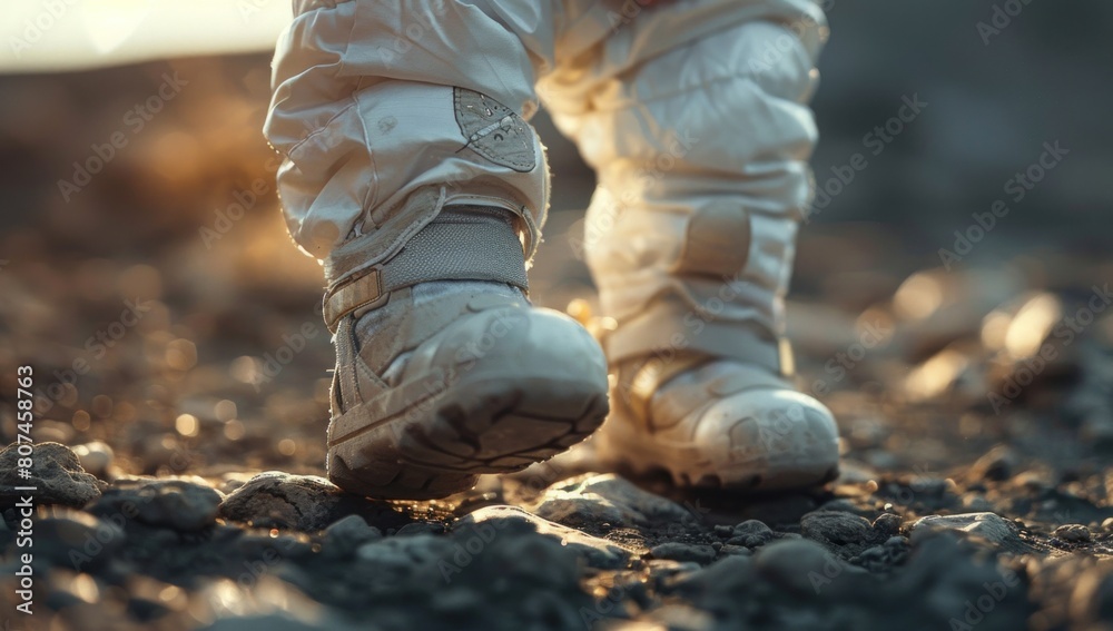 Tiny astronaut booties adorn the baby's feet as they toddle across a ...