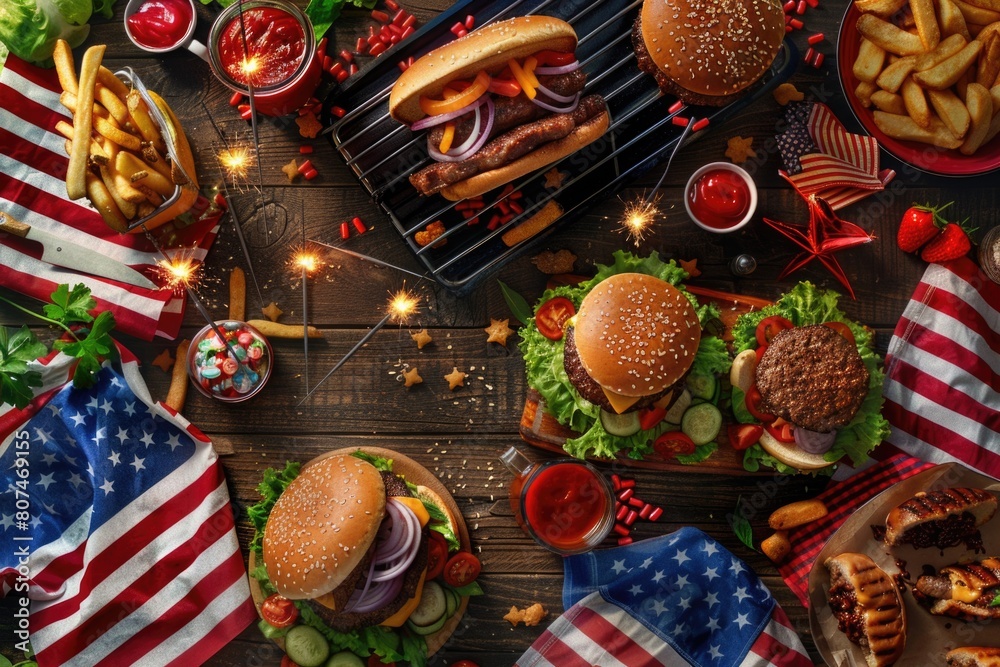 Fourth of July Celebration with American Flags, Barbecue, and Fireworks ...