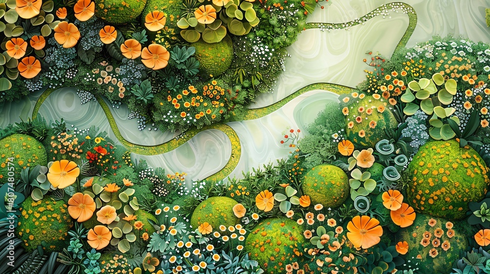 Design a detailed birds-eye view painting of a lime green botanical ...
