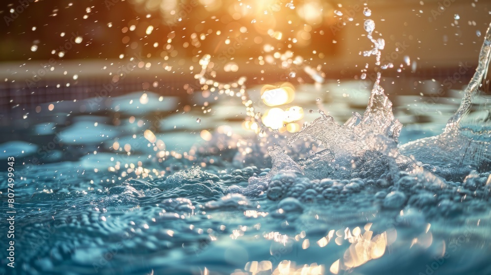 bright side view of a pool water surface with a splash in the water ...