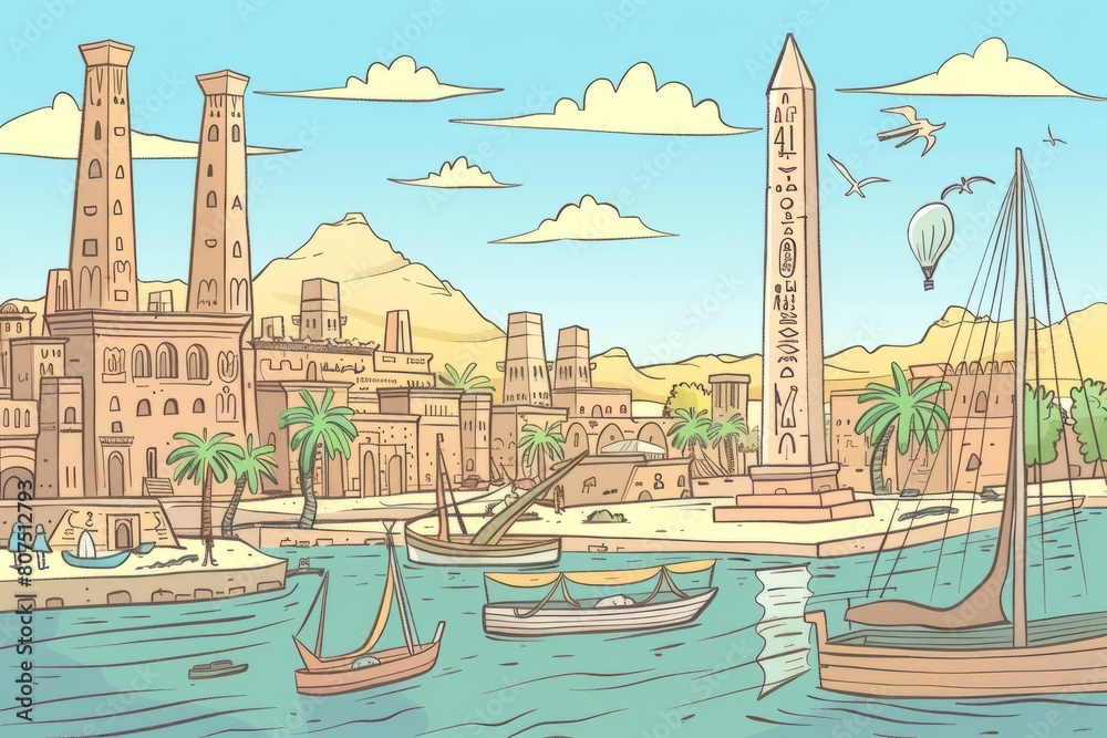 Cartoon cute doodles of towering obelisks and bustling harbors in an ...