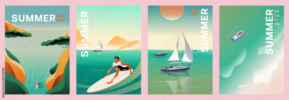 Summer poster, holiday cover, card set. Summer design with landscape ...