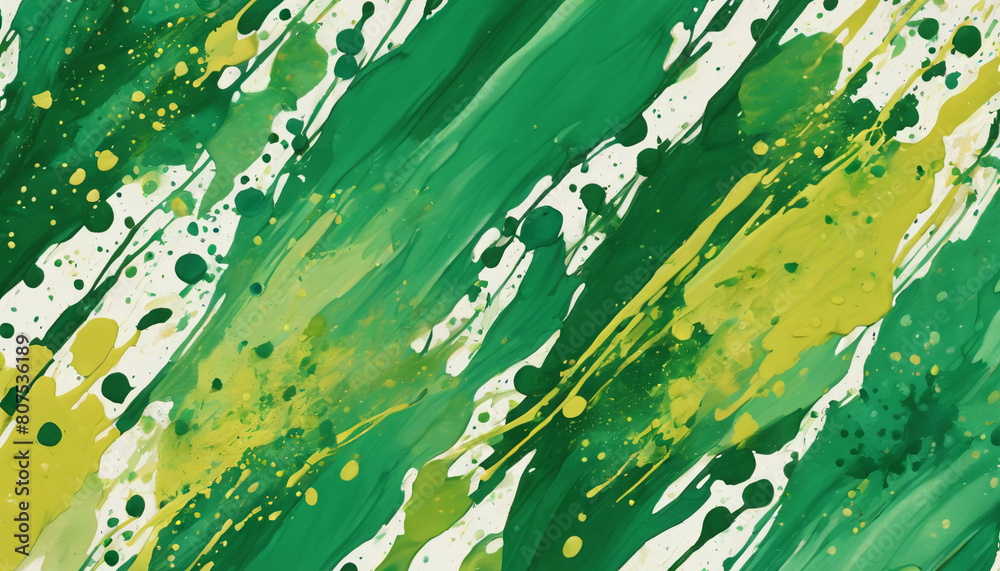 An intricate top-down view of emerald green paint splatters dispersed ...