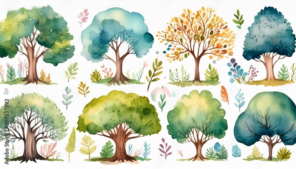 Tree set collection watercolor clipart cute isolated on white ...