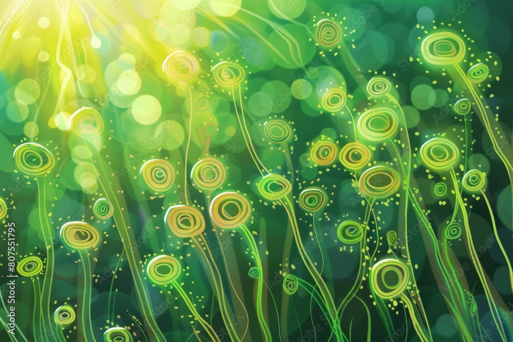 Cartoon cute doodles of microscopic algae basking in the glow of ...