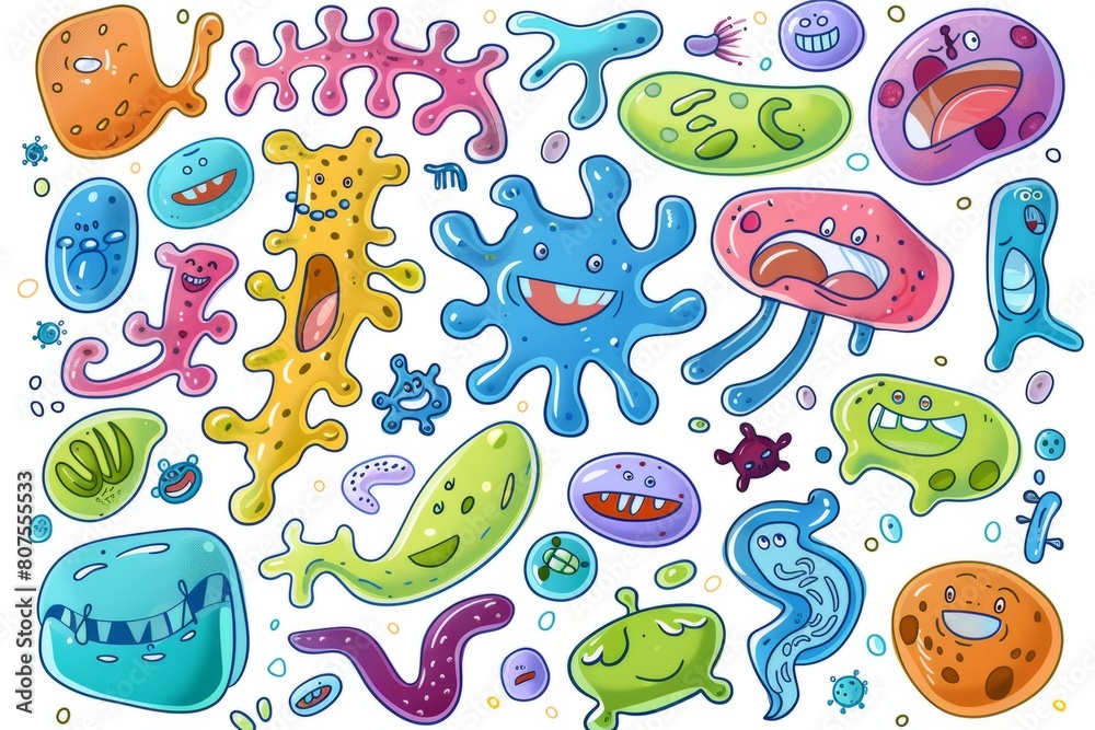 Cartoon cute doodles of microscopic amoebas extending their pseudopods ...