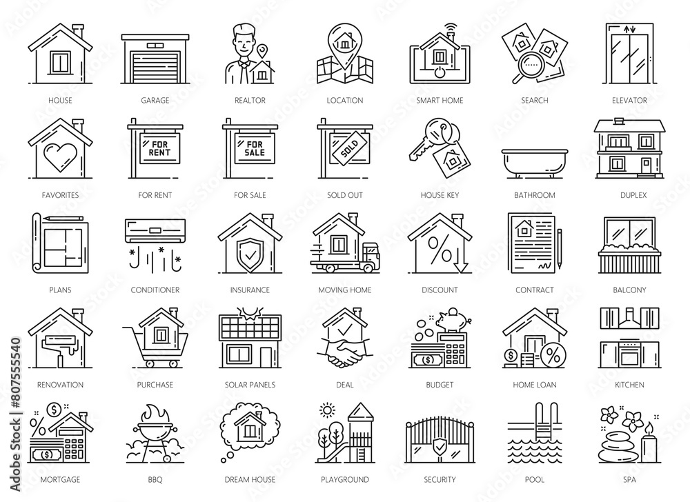 Real estate icons set. Mortgage and rent house apartment, insurance and ...