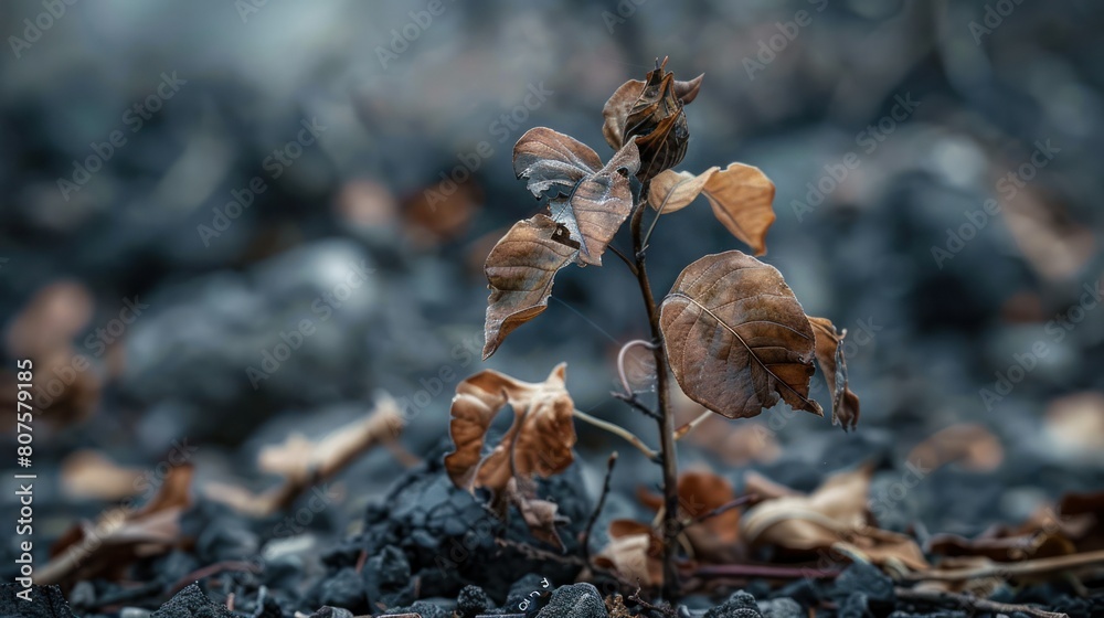 wilted plant, its leaves brown and its stem drooping. The plant is ...