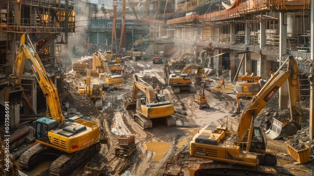 breathtaking panorama of a bustling construction site where humans and ...