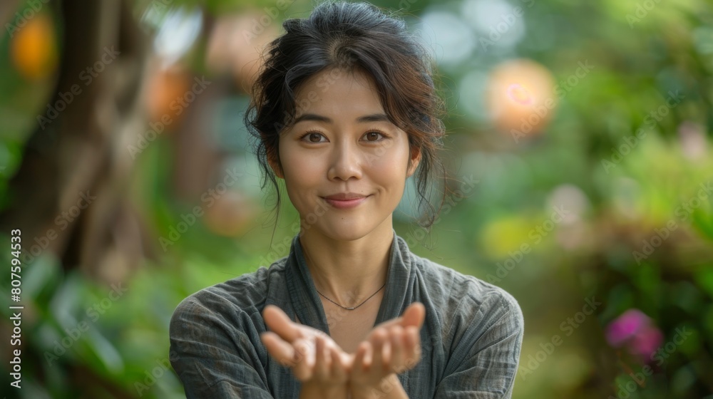 Welcoming Gesture: Asian woman with open hands, palms facing outwards ...