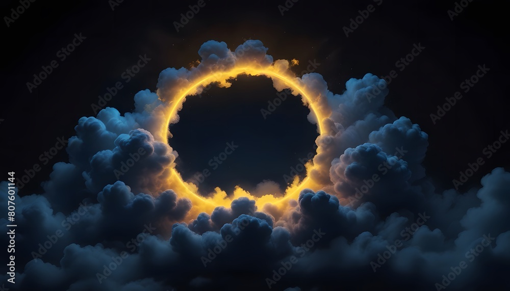 3d render, glowing circle inside the abstract dark blue cloud ...