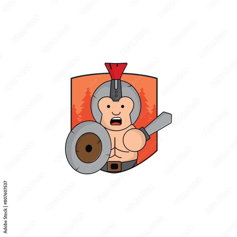 cute cartoon gladiator with shield and sword icon illustration. kingdom ...