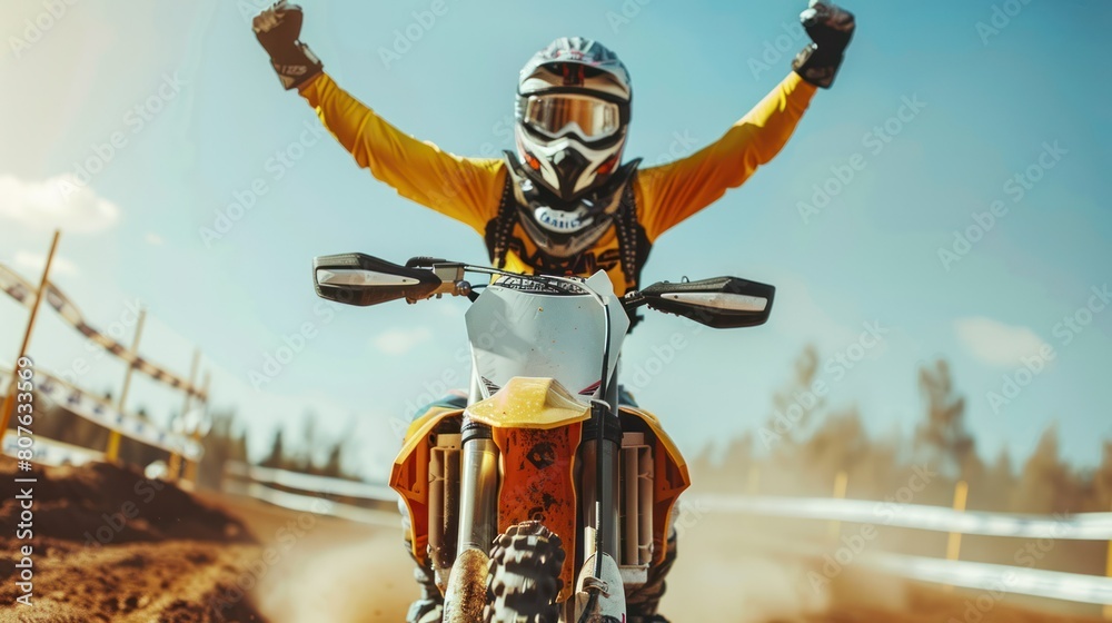 motocross racer celebrating their victory, raising their arms in ...