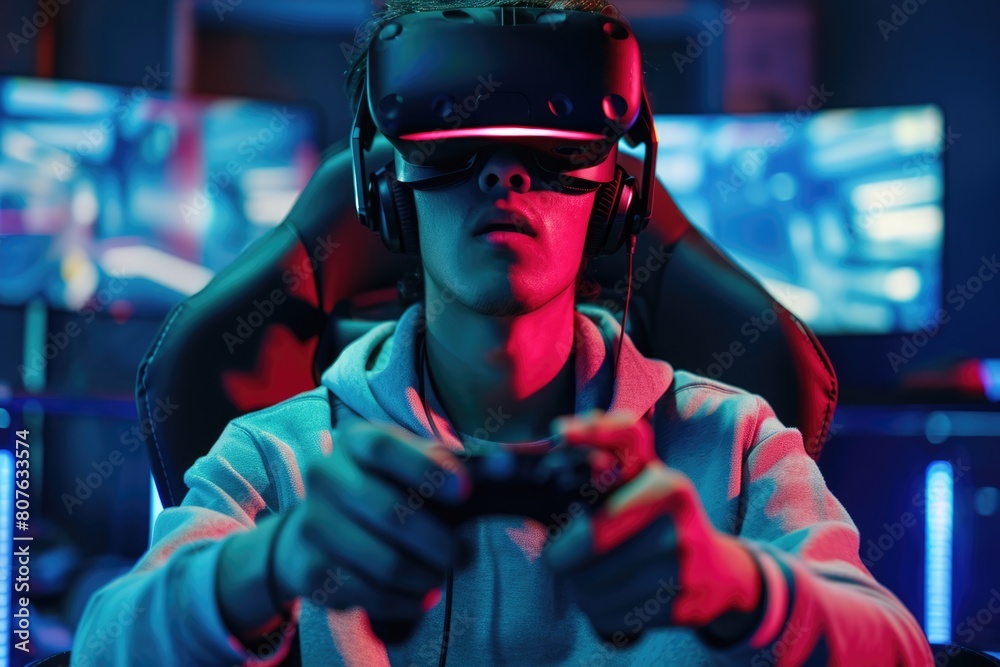 Young male gamer using controller (joystick) to play online video game ...