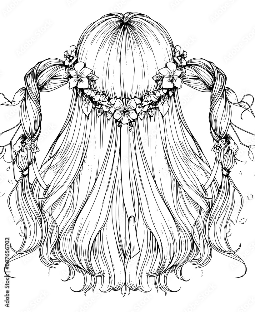 Hairstyle of the hair is decorated with flowers and a ribbon ...