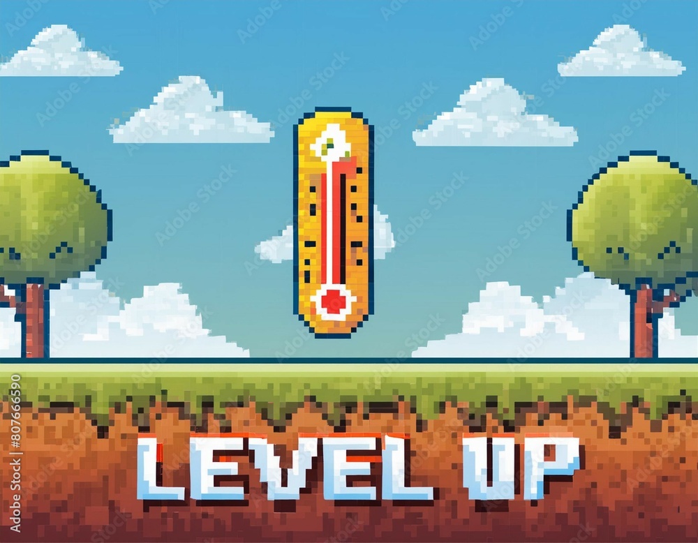 Pixel art game background with button level up. Game design concept in retro style. illustration ...