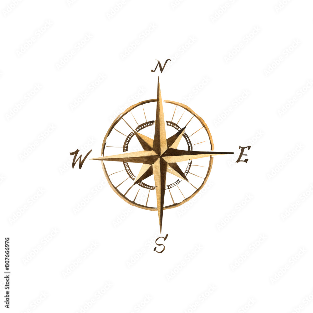watercolor wind rose, navigation compass rose with cardinal direction ...