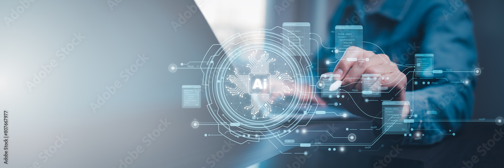 Programmer people working laptops or smartphones with AI, artificial intelligence software ...