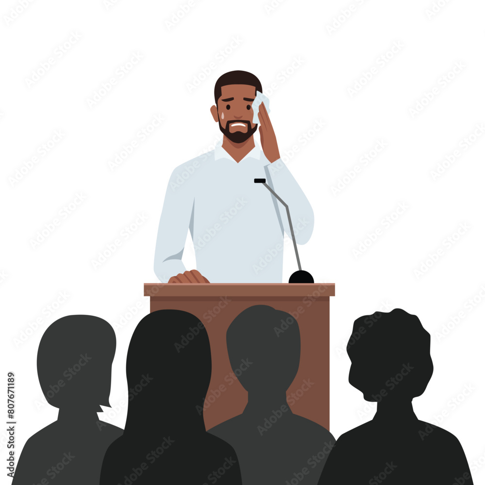 Shy young man sweating, feeling fear and anxiety during public speaking ...