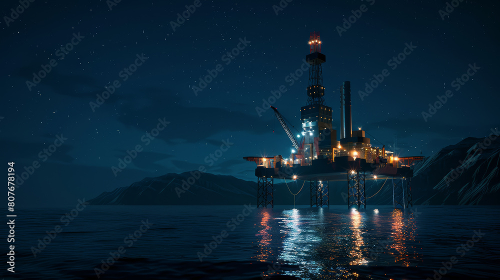 Offshore oil rig illuminated at night against dark ocean and sky. Stock ...