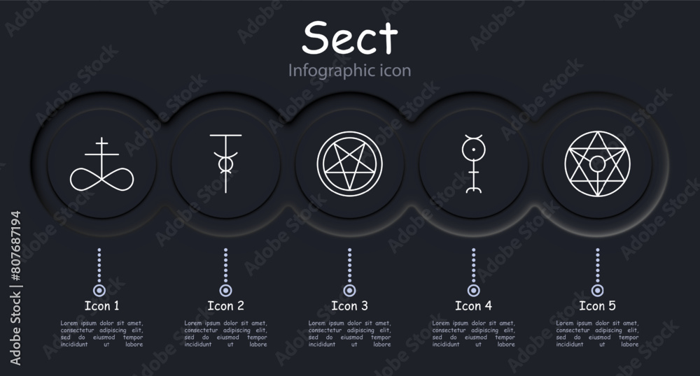 Sect set icon. Pentagram, Sigil of Baphomet, ritual dagger, sacrifices ...