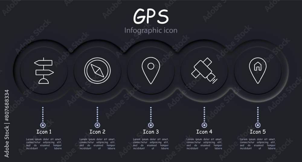 Vector de Stock GPS set icon. Pointer, location, house, satellite, signal, compass, north, south ...