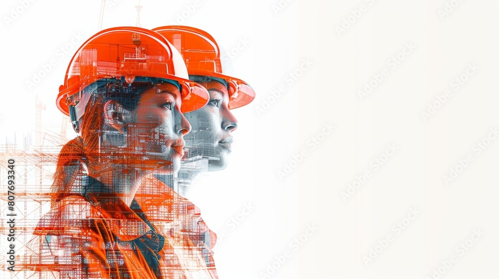 Artistic portrayal of two engineers in a vivid construction setting ...