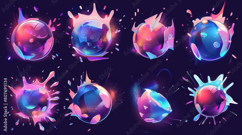 Explosion animation stages with broken bubble shields, force spheres ...
