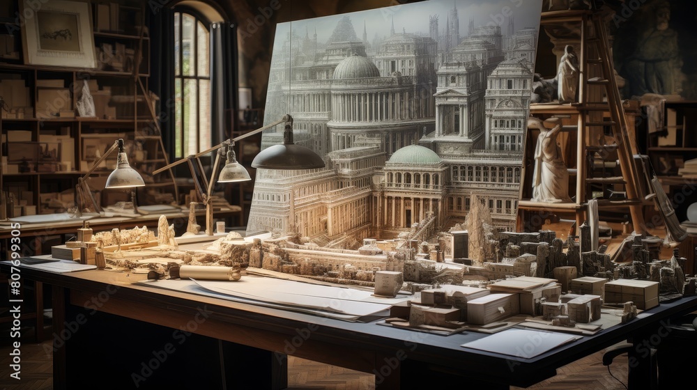 Roman architect's studio showcasing architectural drawings and models ...