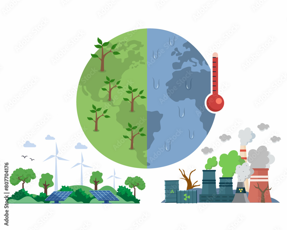 clean green environment with plants and polluted environment with ...