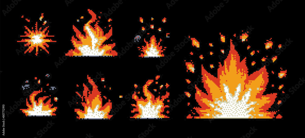 Pixel art 8 bit fire flames and explosion flashes , isolated on black ...