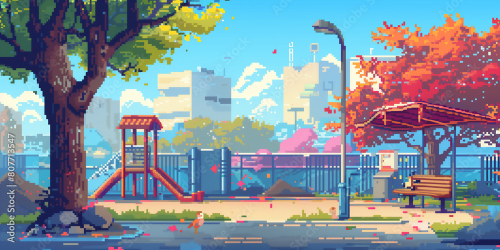 Pixel Art Playground: Create a background using pixel art techniques, featuring retro-inspired ...
