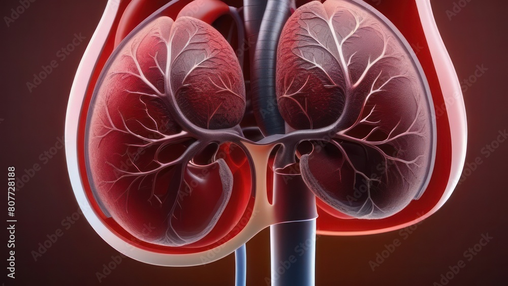 human kidneys and urinary tract in high detail. The kidneys are ...