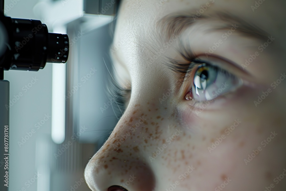 Child having his eyes checked with ophthalmic equipment. Child, eye exam and optometry for ...