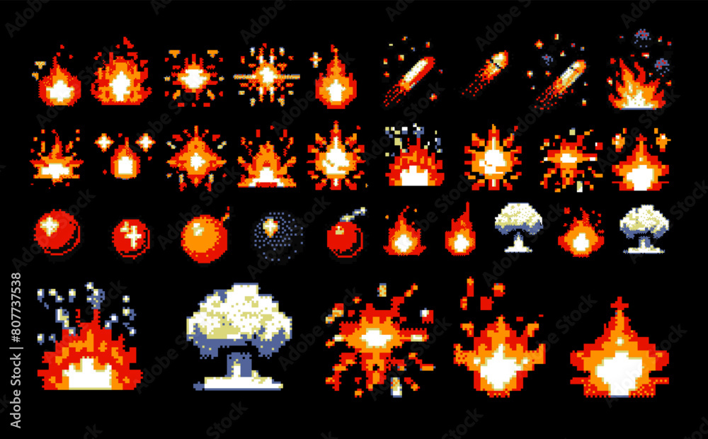 Pixel art 8-bit fire flames, explosion flashes and cartoon sparks set ...
