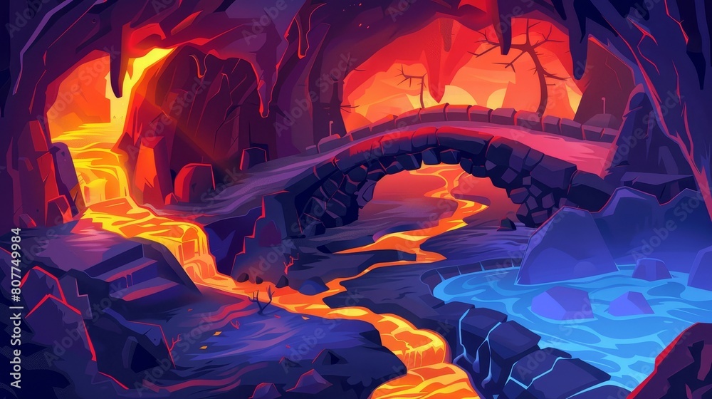 Volcano cave with lava flowing inside. Cartoon illustration of hell ...