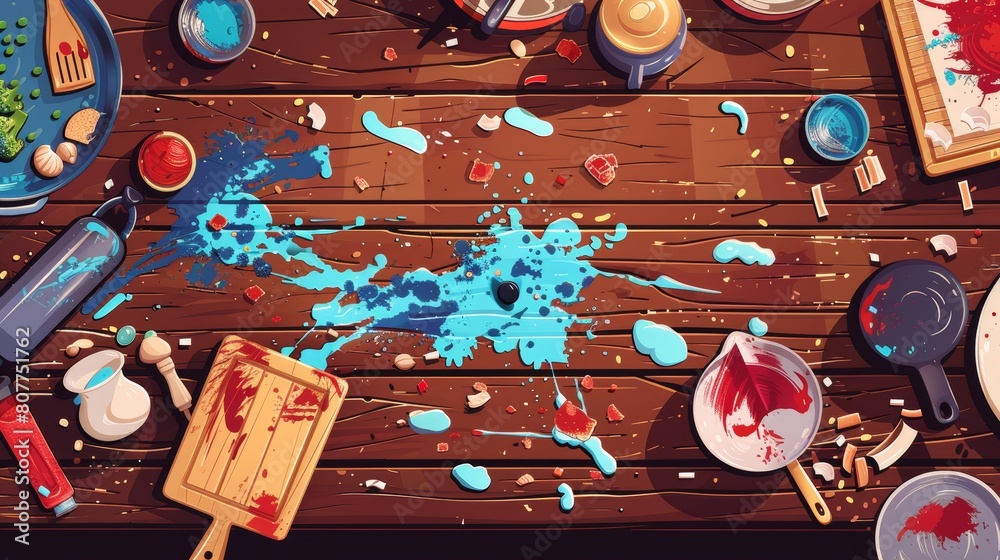 Modern cartoon illustration of a dirty tabletop with sauce splatters ...