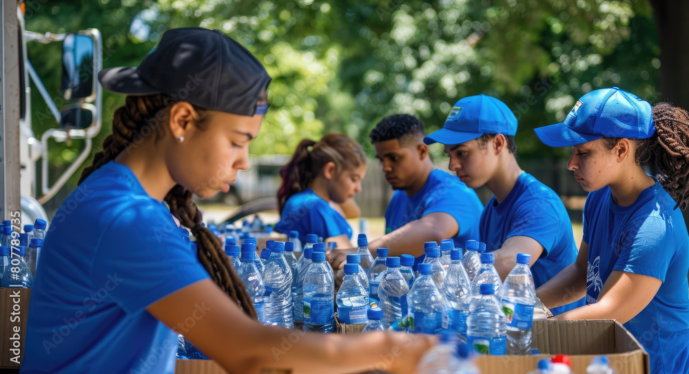 A group of young people in blue t-shirts packaging water bottles into ...