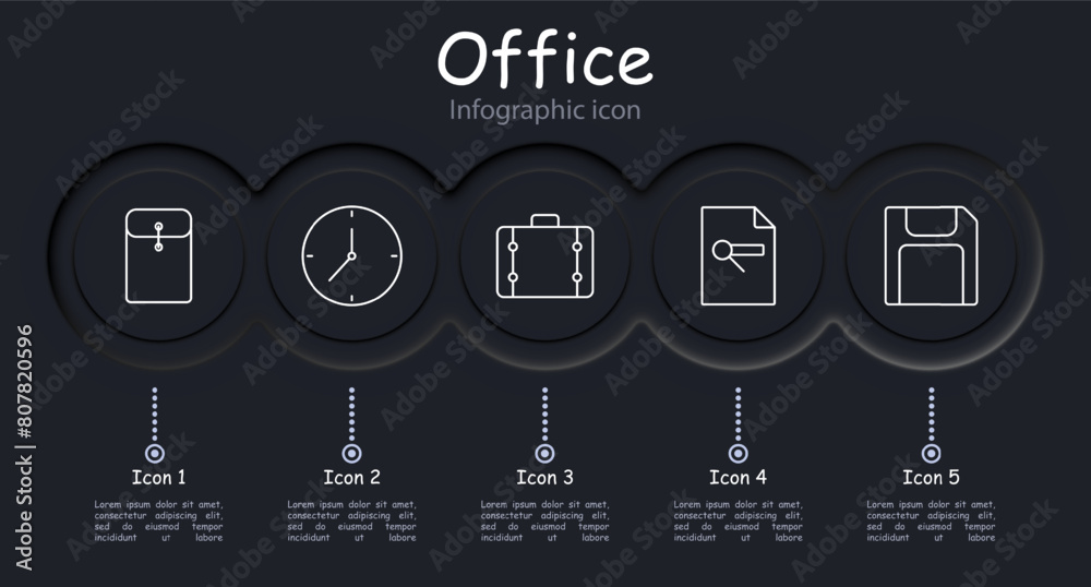 Office set icon. Form, check sheet, statistics, diagram, indicators, infographic, briefcase ...