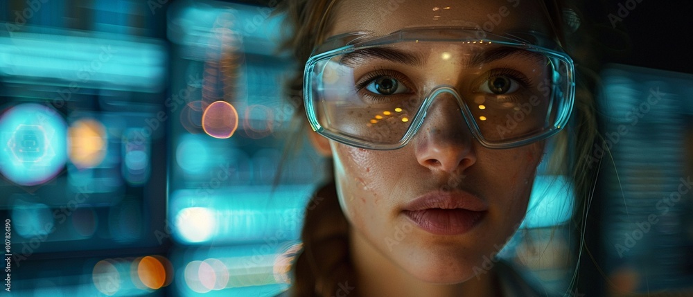 In the image, a young female scientist, wearing safety goggles, is ...