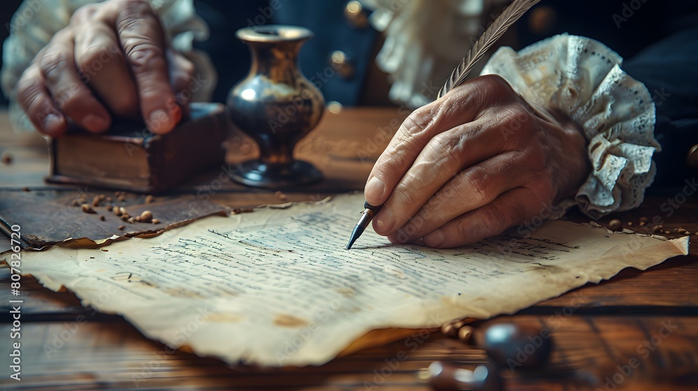 Vintage desk set with a quill pen, inkwell, and parchment paper, as a ...