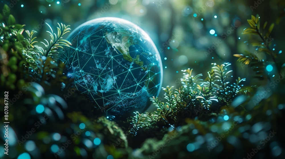 Futuristic visualization of Earth with green energy networks, promoting ...