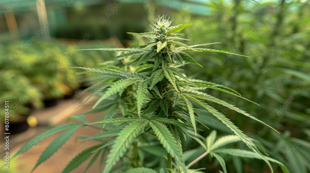 Healthy cannabis plant flourishing inside a greenhouse. The plant is ...